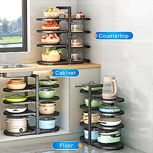 Pots and Pans Organizer for Cabinet, 8 Tier Snap-on and Adjustable Pan Organizer Rack for Under Cabinet, Pot Organizer for Kitchen Storage, Pot Lid Organizer with Panels (8 Tier, Round)