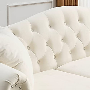 79" Velvet Chesterfield Sofa for Living Room,3 Seater Sofa Button Tufted Nailhead Trimming Curved Backrest Rolled Arms with Wood Legs with 2 Pillows,Bedroom,Office (Beige Velvet, 79*30*32")