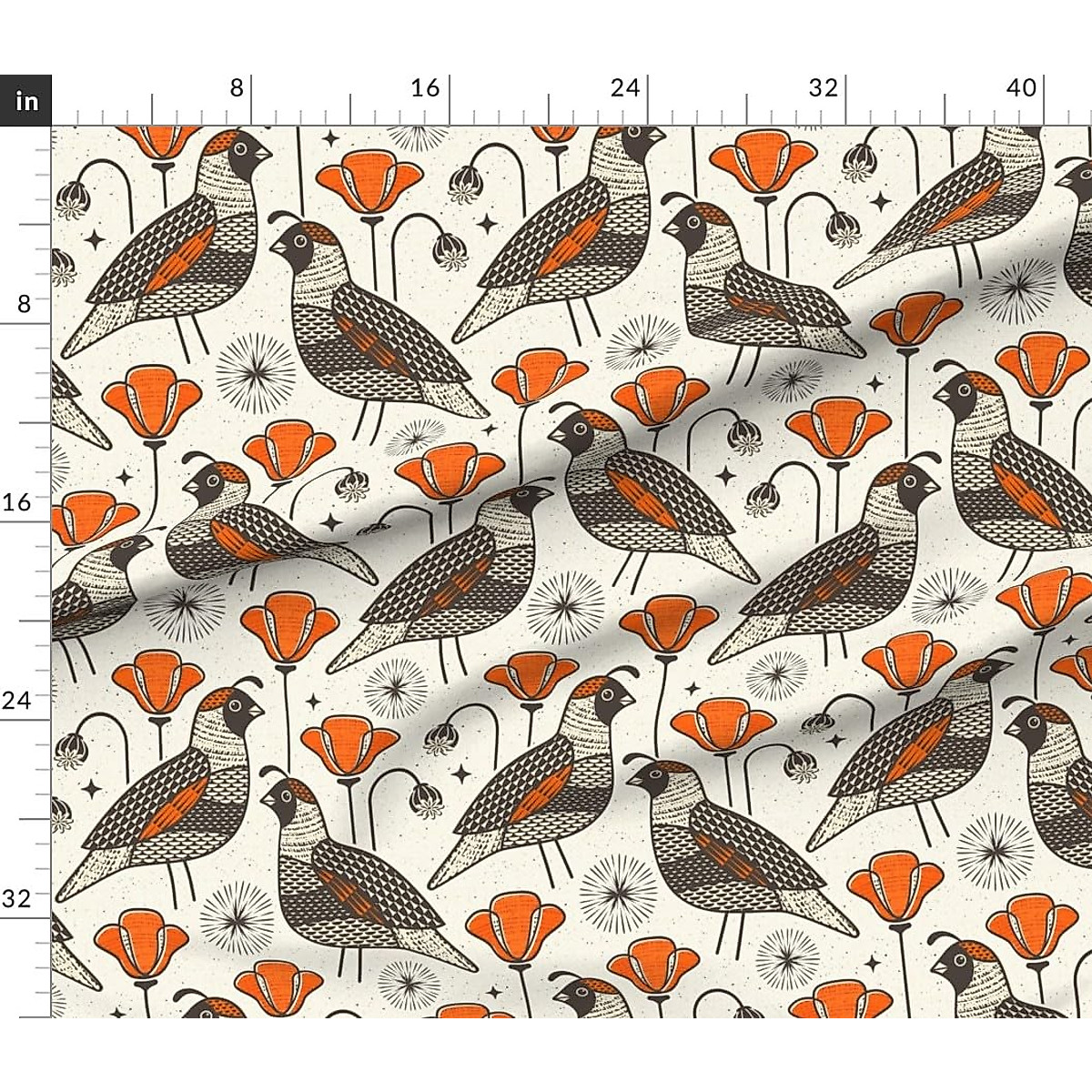 Spoonflower Fabric - Mid Century Quail Mod Floral Poppies Scandi Retro Neutral Bird Orange Printed on Petal Signature Cotton Fabric Fat Quarter - Sewing Quilting Apparel Crafts Decor