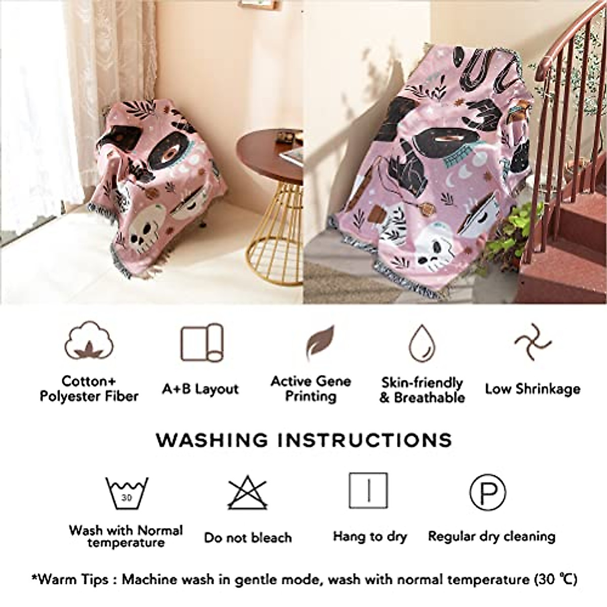 tiowik Divination Tarot Card Snake Skull Devil Eyes Throw Woven Blanket with Tassel for Home Decoration Chair Couch Sofa Bed Beach Travel Picnic Cloth Tapestry Shawl Cozy Cotton (Pink 63×51 Inches)