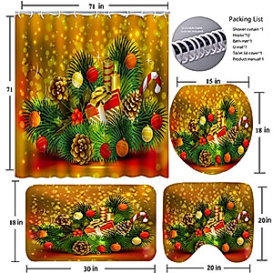 ENYORSEL Christmas Bathroom Set, Shower Curtain Sets with Rugs Incl Shower Curtain with 12 Hooks, Soft Non-Slip Bath Mat, Toilet U-Shaped Floor Mat and Toilet Lid Cover Mat for Bathroom Decor