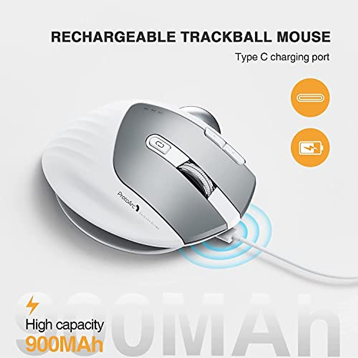 ProtoArc Wireless Bluetooth Trackball Mouse, EM01 2.4G RGB Ergonomic Rechargeable Rollerball Mice, 3 Device Connection&Thumb Control, Compatible for PC, iPad, Mac, Windows-White Silver