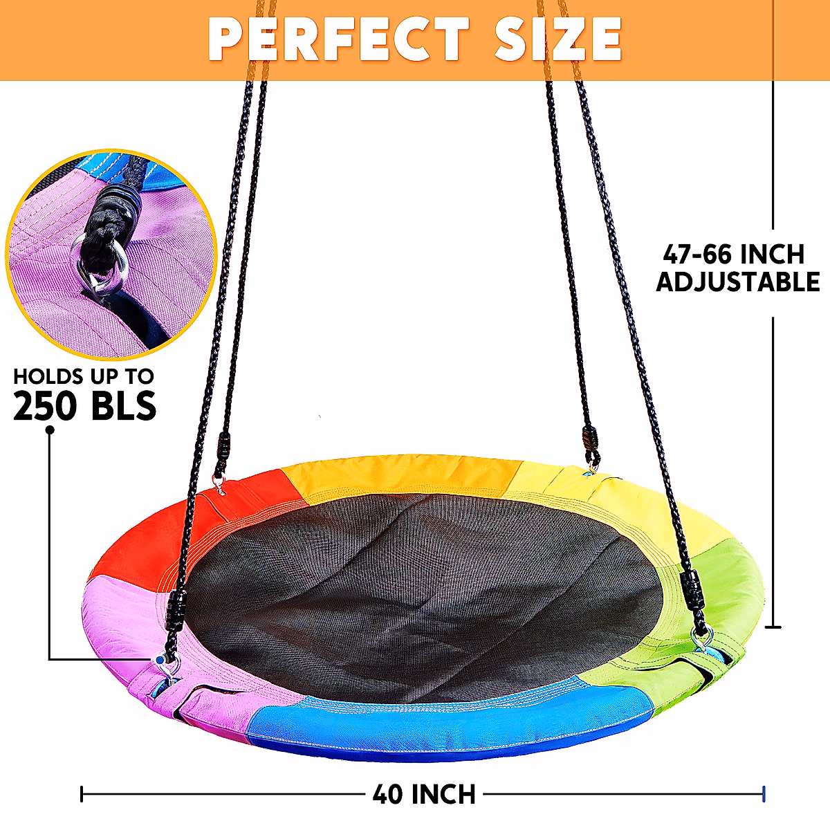 TURFEE 40" Rainbow Saucer Tree Swing for Kids, Waterproof Swing Seat with 2 Tree Hanging Straps for Playground Backyard Outdoor Activity