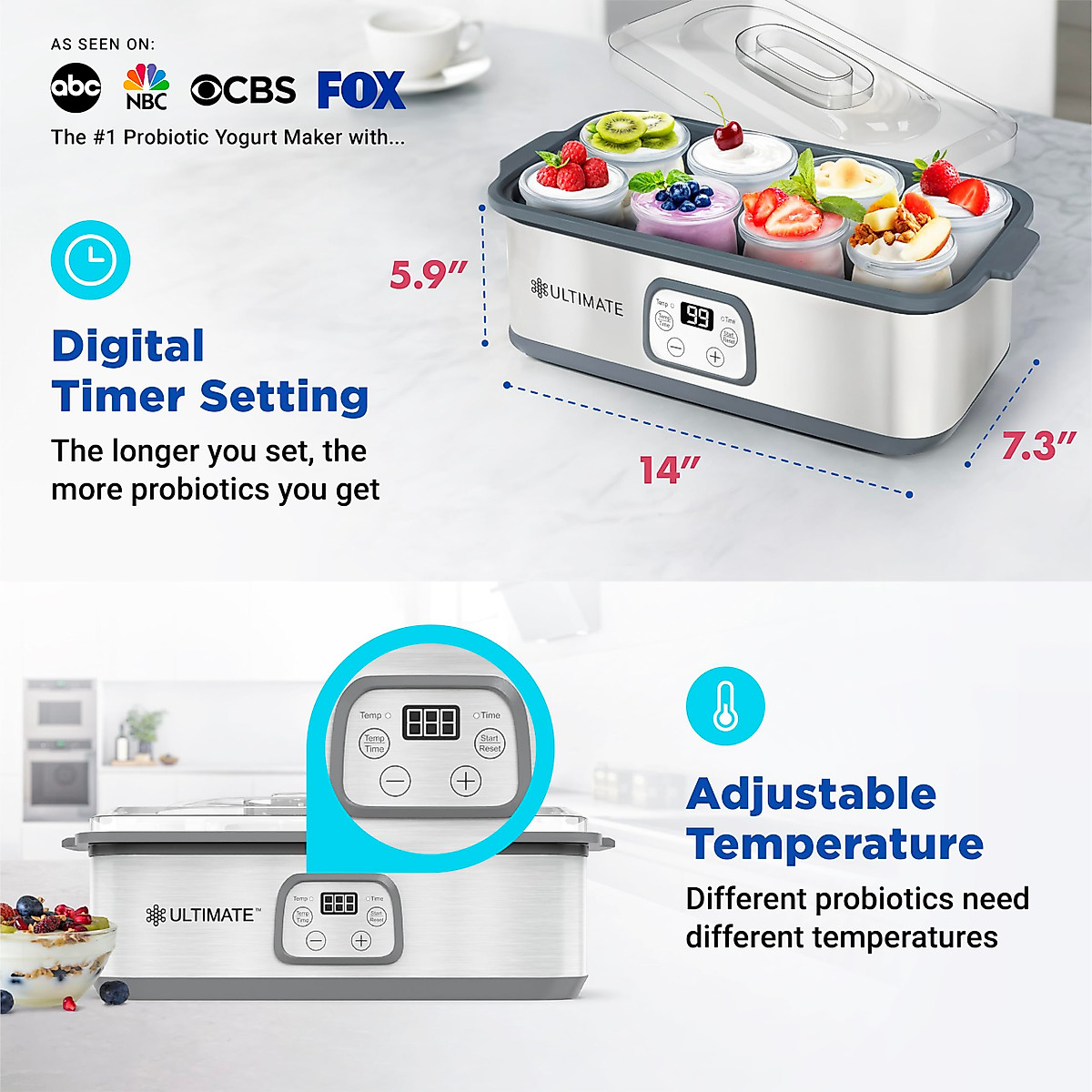 Ultimate Probiotic Yogurt Maker with Adjustable Temperature & Time Control - Make Trillions of Live Probiotics & Get Better Gut Health - LIFETIME WARRANTY - Perfect Wellness Gifts for Men & Women