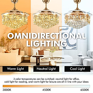 KPIBEST 42 Inch Crystal Ceiling Fan with Lights and Remote Control 3 Speed, Modern Luxury Retractable Chandelier Ceiling Fan with 3 Lights Level Silent Fans Fit for Living/Dining Room Bedroom