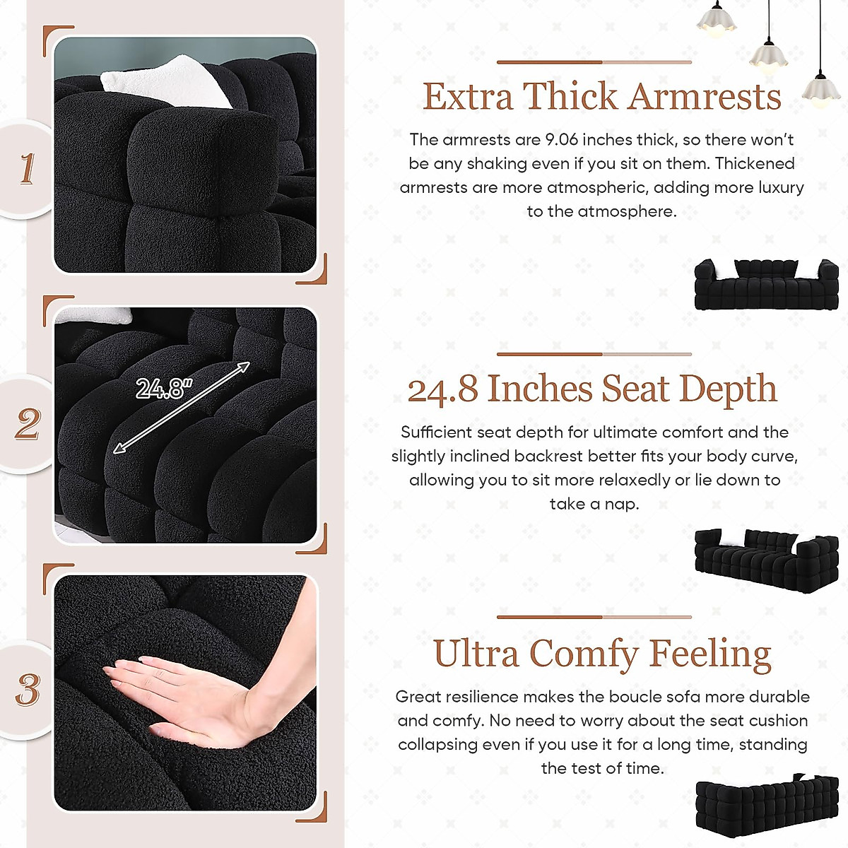 84.3" 3 Seater Modern Sofa Couch, Comfy Upholstered Living Room Sofa with 2 Pillows, Comfy Boucle Sofa with Solid Metal Legs, Contemporary Furniture Tufted Cloud Couch for Waiting Room, Office, Black