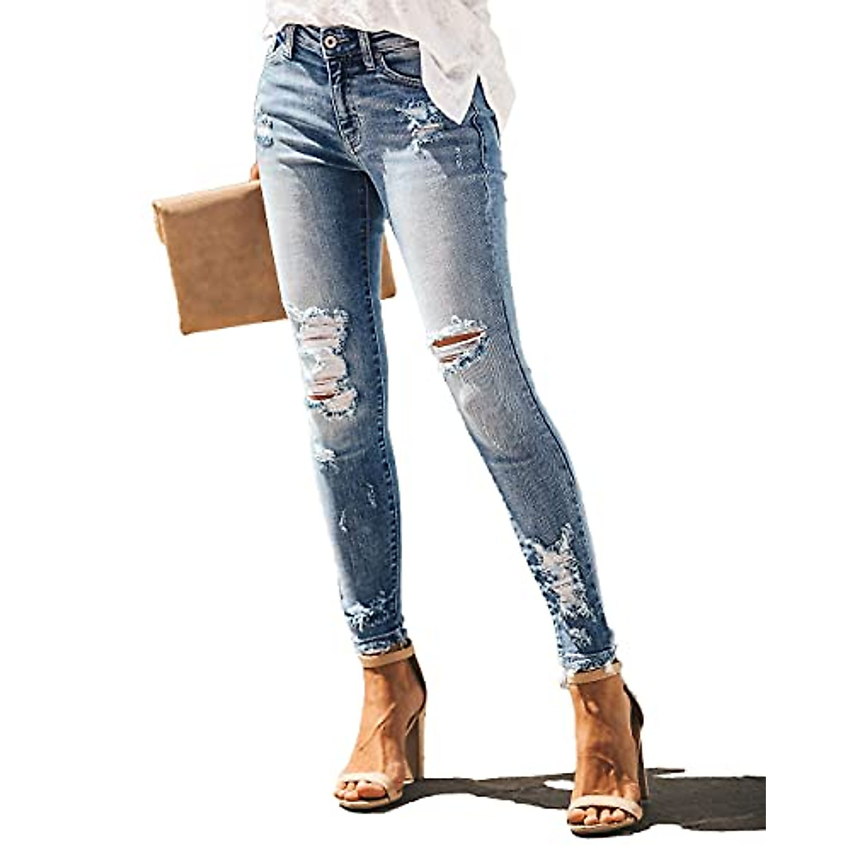 Allimy Women's High Rise Skinny Stretch Ripped Jeans High Waisted Destroyed Denim Pants Size 12