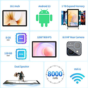 NEWISION Tablet 10 Inch Android 13 Tablets,8GB RAM(4+4GB Expand) 128GB ROM Tablets with A523 Octa-Core Processor,1280 x 800 IPS HD Display,8000mah, 5G WiFi Bluetooth 5,Dual Camera,Grey