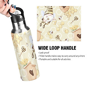 Cute Yellow Gnome Bee Collects Honey Water Bottle Kids Thermos Bottle with Straw Lid Insulated Stainless Steel Water Flask for School Outdoor Sport Leakproof 20 oz