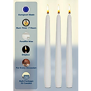 Hyoola Tall Taper Candles - Tapered Candles - White Dripless Candle Sticks - 8 Inch (20cm) - 7 Hour Burn Time (30-Pack)