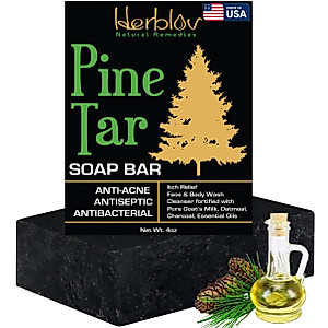 All Natural Pine Tar Soap Bar 4oz –Cleansing Anti Acne Eczema Psoriasis Itch Relief Pine Tar Face & Body Wash Cleanser – Pure Goat’s Milk Soap with Oatmeal, Charcoal, Essential Oils Made in USA