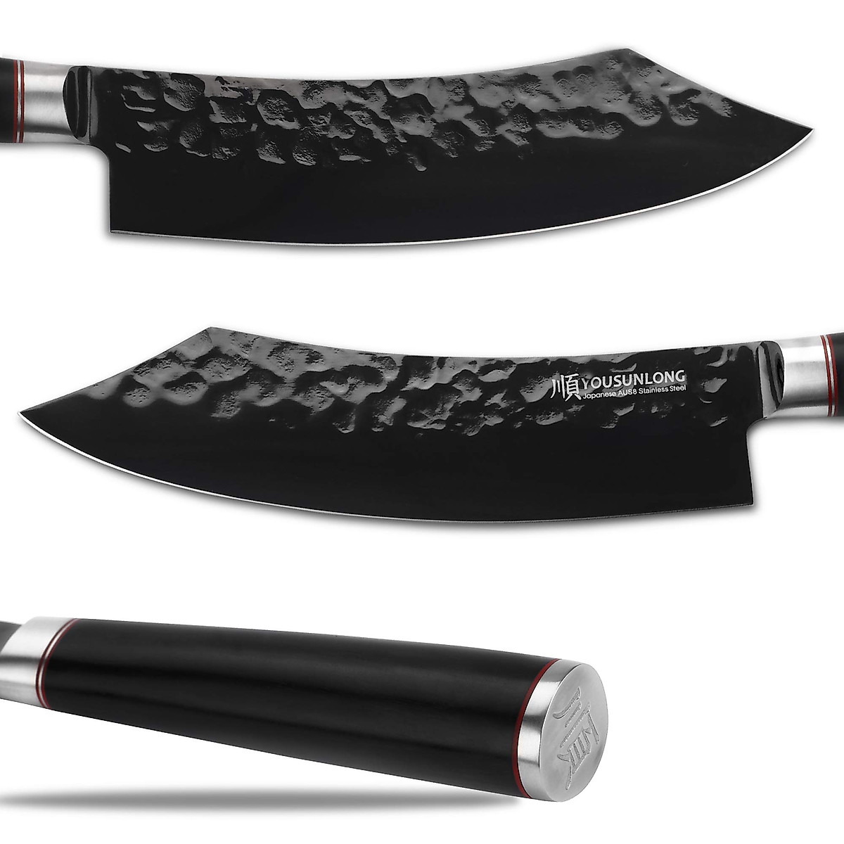 YOUSUNLONG Butcher Knife - 8 Inch Meat cleaver - Japanese AUS8 Black Titanium Nitride Coated Steel - Super Sharp - Natural Ebony Handle