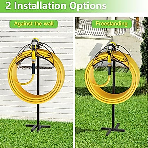 Helhom Garden Hose Holder Freestanding, Water Hose Holders with Storage Basket Detachable Garden Hose Stand Heavy Duty for Outside Lawn Yard