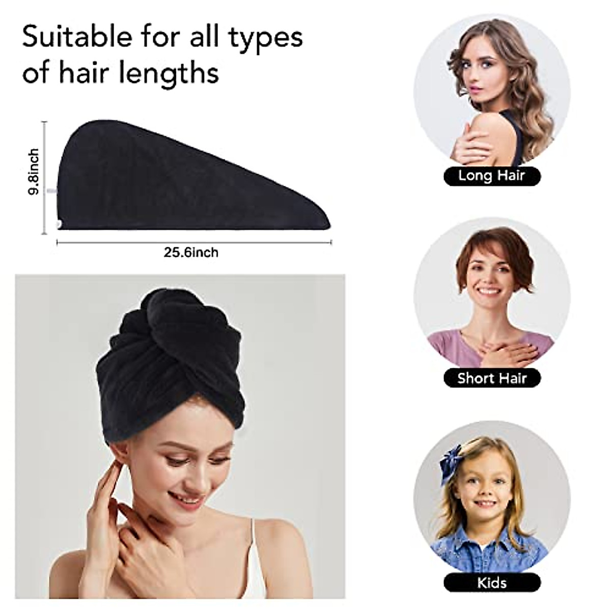 SINLAND Microfiber Hair Drying Cap Hair Towel Turban Twist for Long Hair Fast Drying Towels Head Turban Absorbent Soft Lightweight 3 Pack Black