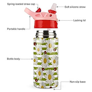 Kids Water Bottle with Straw Lid White Daisies And Ladybugs Print 12 Oz/350 Ml Stainless Steel Reusable Thermos Bottles