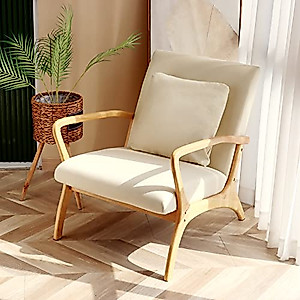 ELUCHANG Accent Chair with Lumbar Pillow,Mid-Century Modern Armchair, Linen Fabric Comfy Reading, Lounge Side Chair for Living Room Bedroom Apartment,Easy Assembly(Beige)