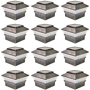 iGlow 12 Pack Vintage Bronze Outdoor 4 x 4 Solar LED Post Deck Cap Square Fence Light Landscape Lamp Lawn PVC Vinyl Wood
