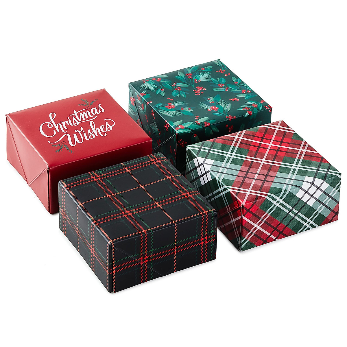 Hallmark Small Christmas Gift Boxes (4 Pack: Red and Green Plaid, Holly, Christmas Wishes Black and Red Plaid) 4 inch Boxes for Gift Cards, Candy, Cookies and More