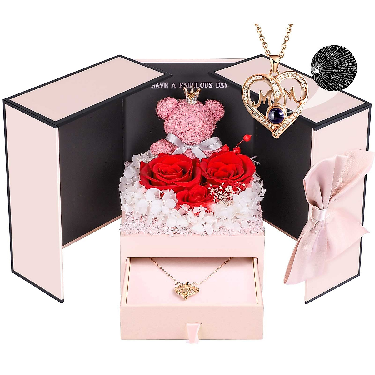 ADDWel Gifts for Mom from Daughter and Son, Mom Birthday Gift Idea from Kids, Unique Preserved Real Roses with I Love You in 100 Languages Mom Necklace, Cool Present to Mother Mama