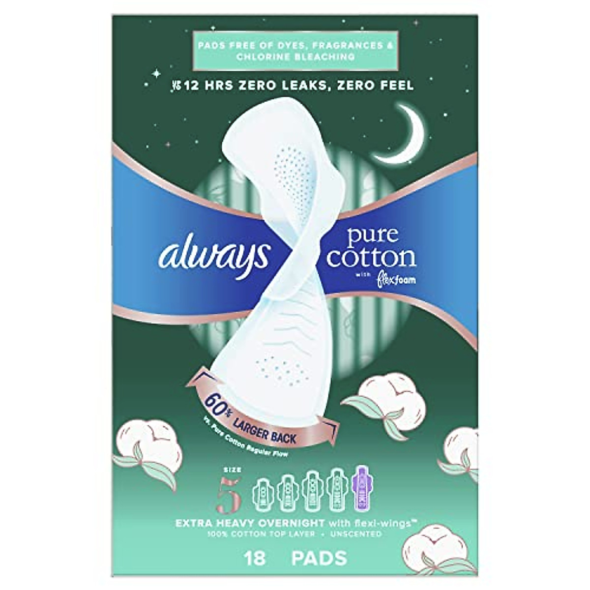 Always, Pure Cotton with FlexFoam Pads for Women Size 5, 18 Count