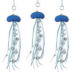Sea Urchin Jellyfish Christmas Ornament Coastal Beaded Beach Theme Holiday Decorations Ocean Inspired Elegant Hanging Jellyfish Decorations with Clear Crystal and Ribbons (Dark Blue,3 Pcs)
