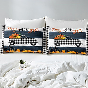 Fall Queen Size Fitted Sheet Pumpkin Bed Sheet Set for Kids Boys Girls Women Men Thanksgiving Decorations Black White Plaid Bedding Set Autumn Harvest Car Bedding Sheets Grey Blue Bedroom Decor 3Pcs