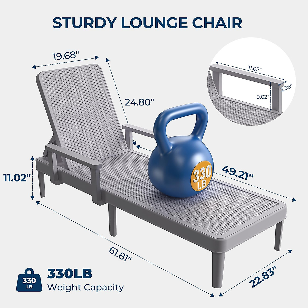 HOMSHADE Chaise Lounge Chair Outdoor - 5 Position Adjustable Backrest, Armrest, Waterproof, Easy Assembly, 300lb Weight Capacity for Pool, Resin, Light Grey