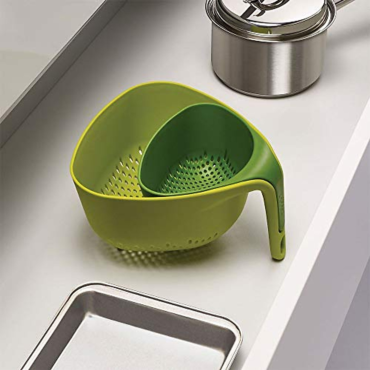 Joseph Joseph Nest Colanders Stackable Set with Easy-Pour Corners and Vertical Handle, 2-piece, Green