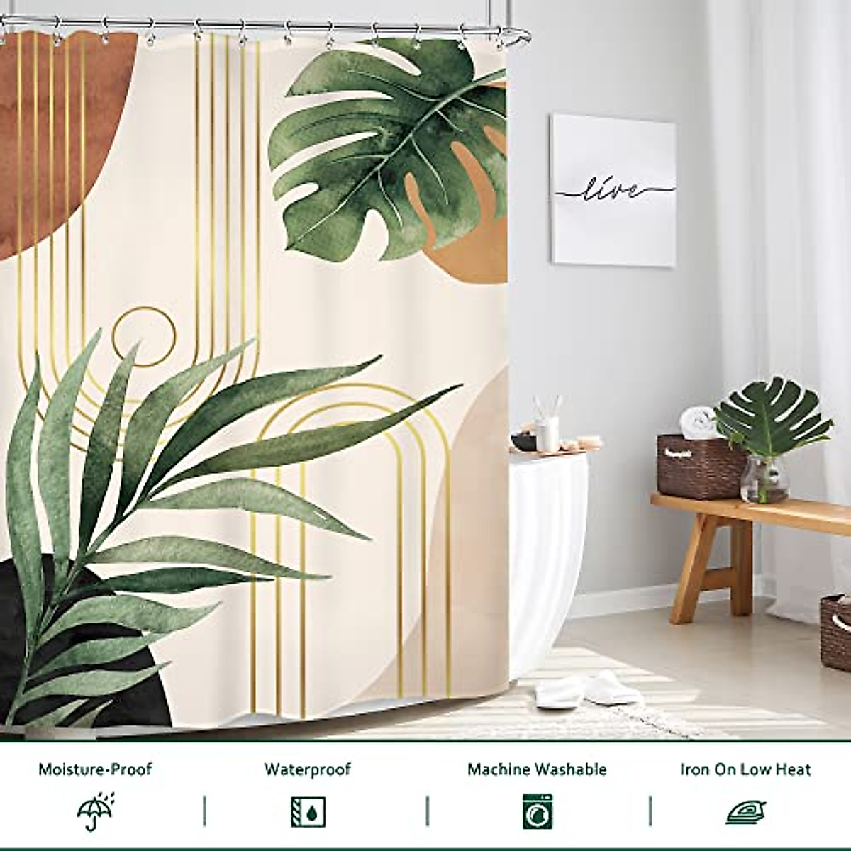 Glawry Single Standing Mid Century Shower Curtain 54Wx78L Inches Stall Narrow Tropical Boho Palm Leaf Abstract Botanical Plant Green Minimalist Bath Accessories Art Home Decor Fabric 12 Pack Hooks