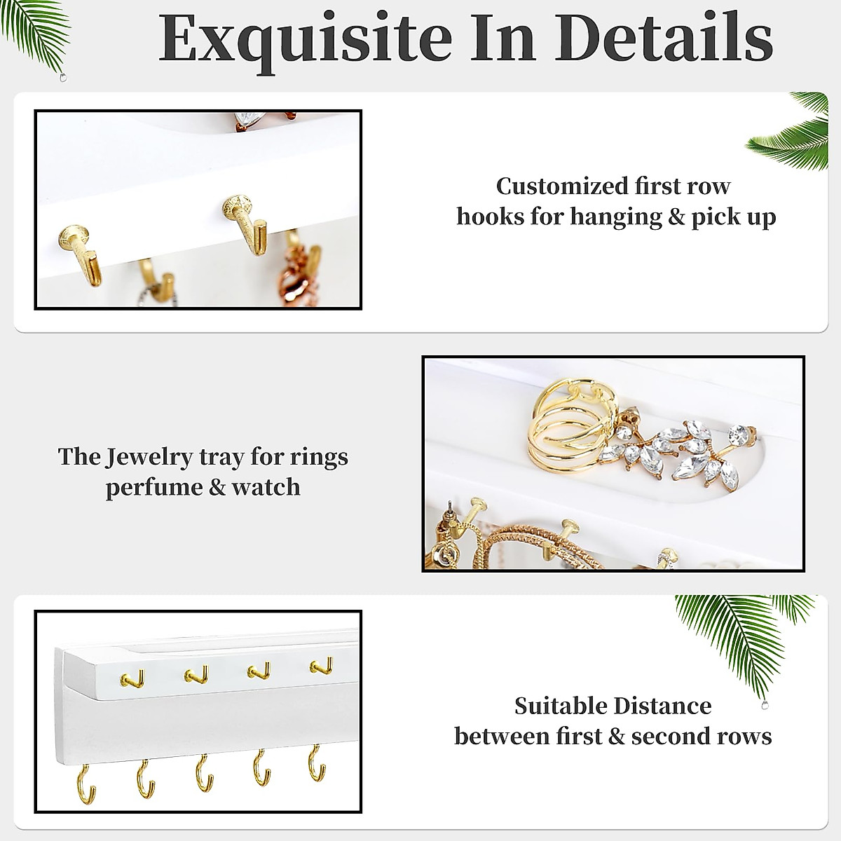 YYILIS Necklace Holder, Upgraded Extra Large Wall Necklace Organizer with 30 Hooks Wall Mounted Necklace Hanger with Jewelry Tray/Cosmetics Shelf Rustic Pine Wood Holder (White)