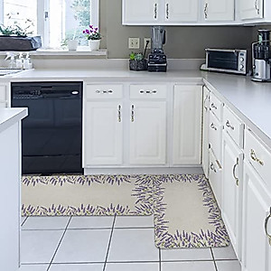 Sabolny Lavender Kitchen Runner Rug Mat, Bath Shower Bathtub Welcome Door Floor Mat, Summer Spring Country Purple Flower Washable Indoor Outdoor Throw Entry Area Rug Doormat 24x35+24x71