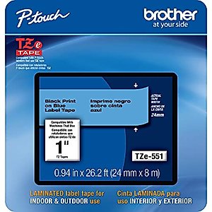 Brother Genuine P-touch, TZe-551CS, 0.94” x 26.2’, Black on Blue Laminated Label Tape