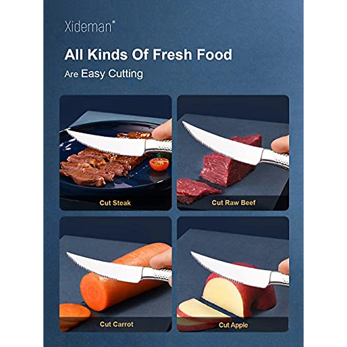 Xideman Innovative Ultra-Sharp 2-IN-1 Serrated Forged Knife For Dinner and Steak. 6 Piece High carbon Stainless Steel Steak Knife Sets, 9.14" Hammered Solid Handle Dinner Knives. (Silver)