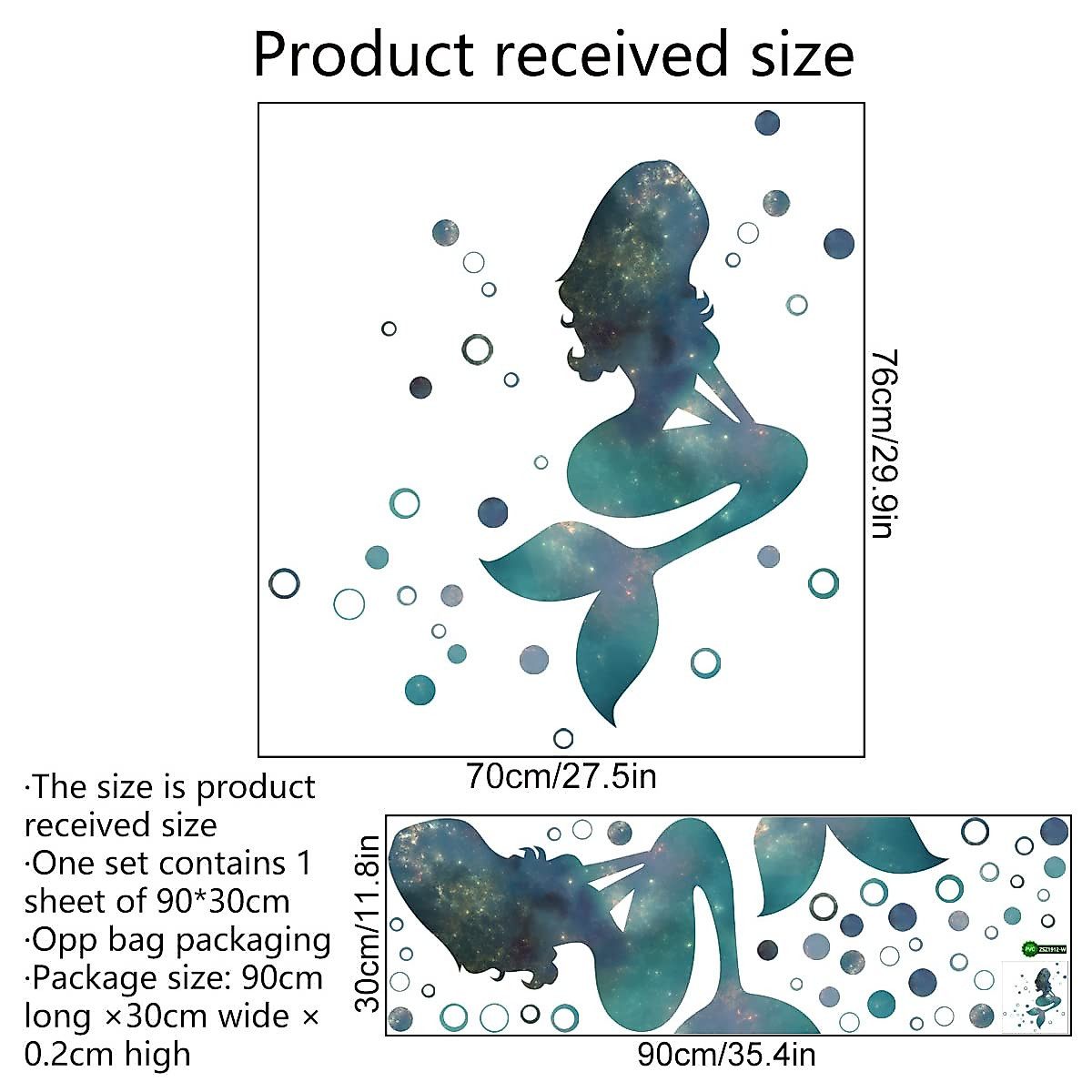 Starry Sky Mermaid Wall Decals Big Mermaid Wall Stickers Peel and Stick DIY Removable Mermaid Green Bubbles Vinyl Wall Art Decor for Kids Baby Bedroom Nursery Bathroom Door Stickers DT-1912