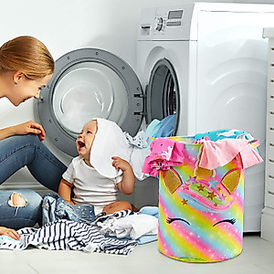 FIOBEE Unicorn Laundry Basket Rainbow Storage Bins Waterproof Nursery Hamper Canvas Toy Organizer for Kids Girls Bedroom Clothes