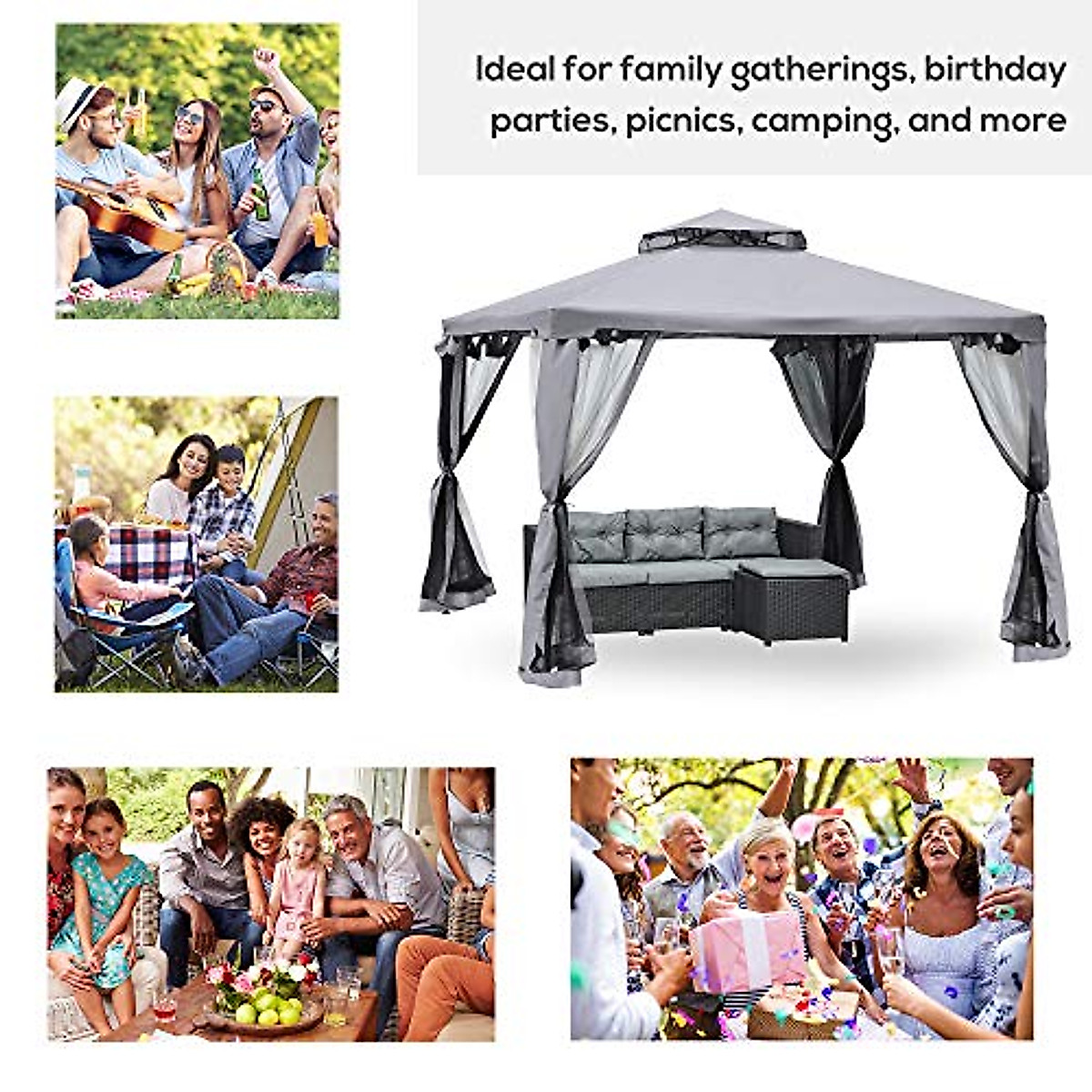 Outsunny 10' x 10' Patio Gazebo Outdoor Canopy Shelter with 2-Tier Roof and Netting, Steel Frame for Garden, Lawn, Backyard and Deck, Grey