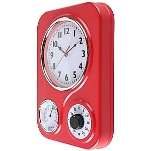 Lily's Home Retro Kitchen Clock with Temperature and Timer (Red)