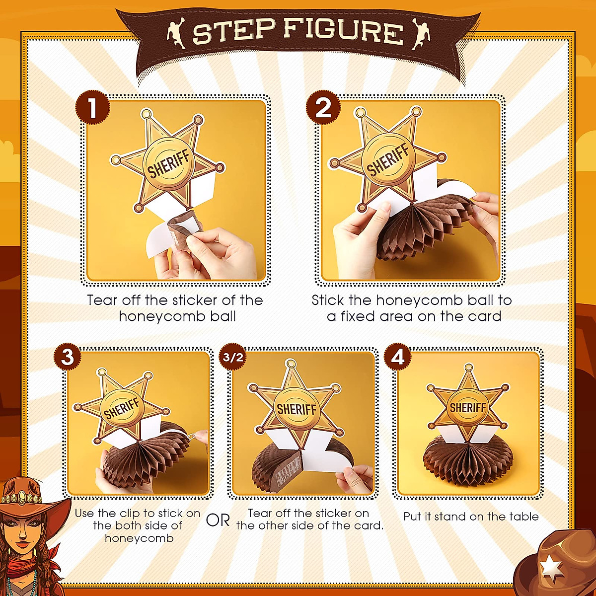 9 Pieces Cowboy Western Party Decorations Wild West Cowboy Honeycomb Centerpieces for Tables Wild West Party Decorations Western Theme Party Decorations for Birthday Baby Shower Supplies