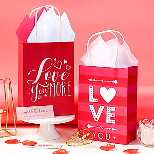 ECOptimize Gift Bag with Tissue Paper for Valentine's Day - 24 PCS Small Size(5.9"x3"x8") - Eco-Friendly Kraft White Paper Bag with Handle for Retail, Gift, Shopping & Party Favors(Pink, Red, Heart) - Double Side Pattern