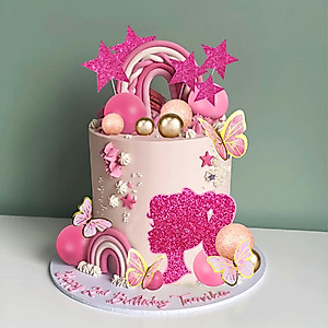 Hot Pink Girl Cake Toppers with Pink Gold Butterfly Balls Star Doll Cake Toppers for Wedding Baby Shower Anniversary Girl Birthday Themed Party Supplies (Style 1)
