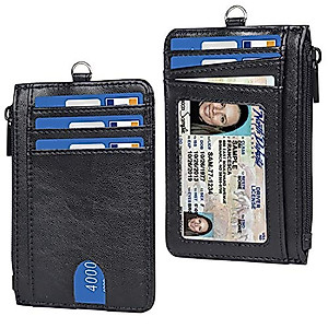 Teskyer Minimalist Wallet, Slim Wallet with Neck Lanyard and Wrist Strap, Credit Card Holder Wallet, RFID Blocking Front Pocket Wallet for Men Women, Black