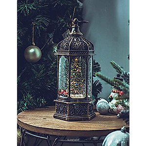 Christmas Snow Globe Lantern 11",USB & Battery Operated Lighted Swirling Glitter Water Lantern with Timer for Christma Home Decoration (Trees)