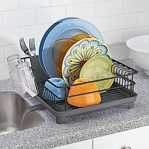 mDesign Large Metal Kitchen Countertop, Sink Dish Drying Rack - Removable Plastic Cutlery Tray, Drainboard with Adjustable Swivel Spout - 3 Pieces - Black/Charcoal Gray