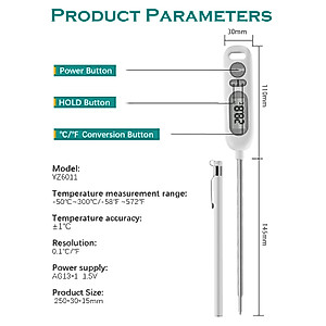 Meat Thermometer, Waterproof Food Thermometer, Instant Read Digital Cooking Thermometer for Kitchen Cooking BBQ Sugar Jam Water Meat Milk