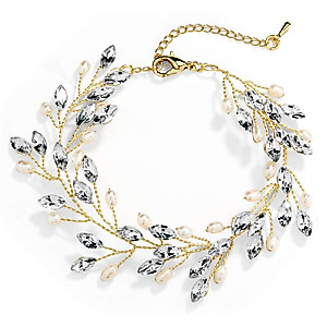 Mariell Bridal and Wedding Gold Bracelet with Crystal Gems and Freshwater Pearls, Fits 7" to 8 ½" Wrist