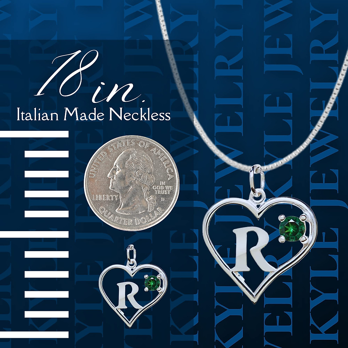 Arbach’s Icy Jewelry - Sterling Silver Box Chain Personalized Birthstone Pendant Statement Necklace - Heart & Letter (R)