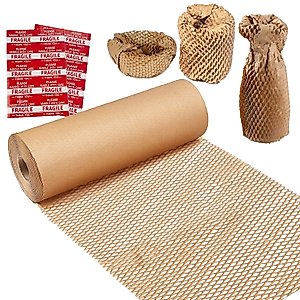 Honeycomb Packing Paper,12" W x 200' L Bubble Cushioning Wrap for Moving,Products & Gifts Wrapping Paper,Recyclable and Biodegradable Cushioning Packing Material with 20 Fragile Sticker Labels