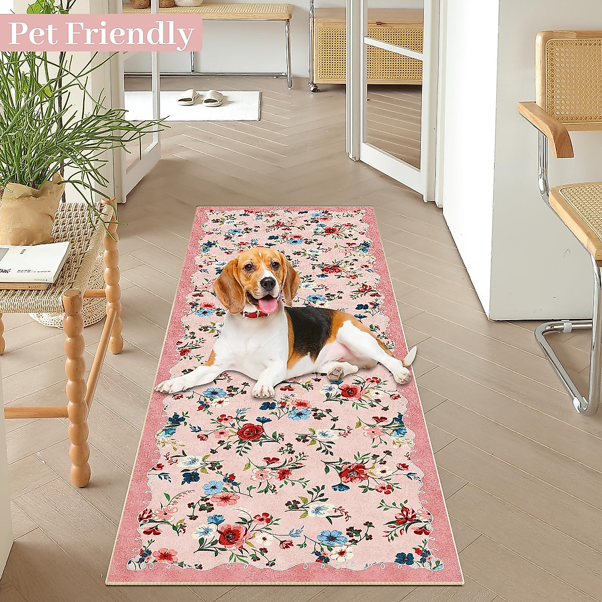 Rug Runners for Hallways, Kitchen Runner Rug Non-Slip, 2x6 Washable Runner Rug, Throw Rugs with Rubber Backing, Soft Floral Rug Low Pile Carpet Runner for Laundry Room and Entryway-Pink