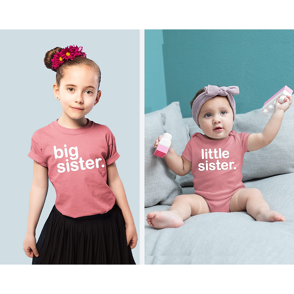 big sister little sister matching outfits shirts set baby toddler newborn girls (Mauve, Kid (4T) / Baby (1-3M))