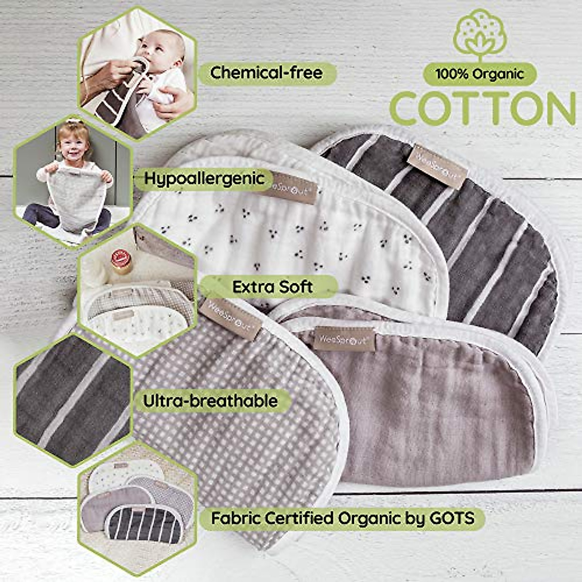 WeeSprout Unisex Set of 4 Organic Towel Cotton Burp Cloths Four Ultra-Absorbent Layers Keep Clothes Dry, Button Transforms Burp Cloth into Baby Bib, Machine Washable (Neutral Set, Full)